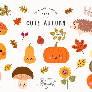 Autumn Clipart Kawaii Cozy Fall Postcard Set, Autumn Seamless Patterns ...