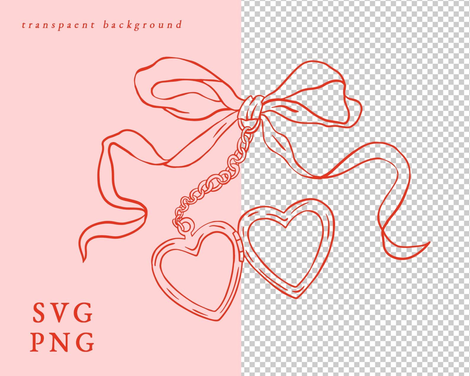 Whimsical Hand Drawn Heart Locket Clip Art SVG PNG - Ribbon Bow Love ...