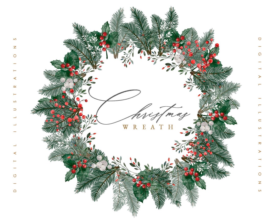 Pine Watercolor Wreath Clipart - Watercolor Holly Berries Christmas ...