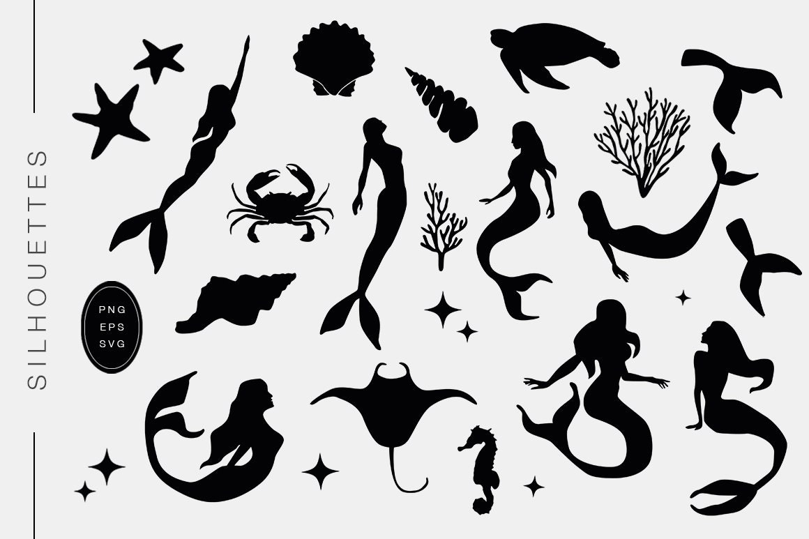 Sirena SVG silueta, linda sirena Clipart cola EPS, Cricut sirena svg ...