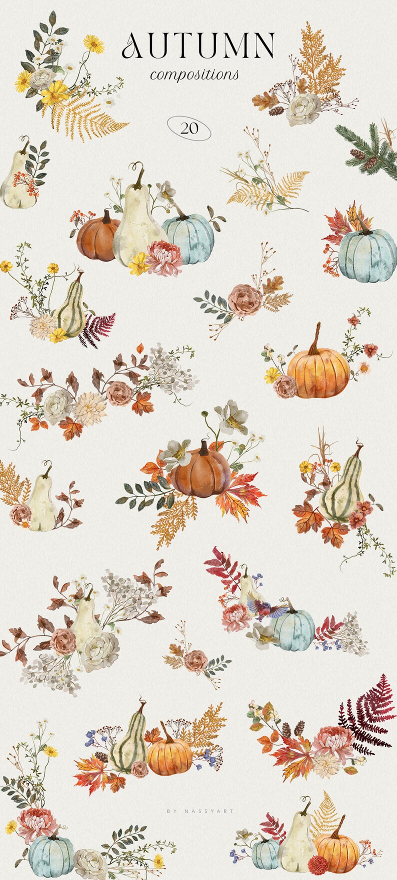 Watercolor Autumn Pumpkin Clipart Fall Flowers Leaves Fall - Etsy