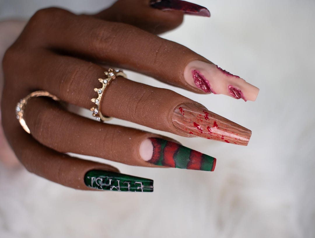 Freddy Krueger Inspired Press on Nails, Halloween Nails, Emo French Tip ...