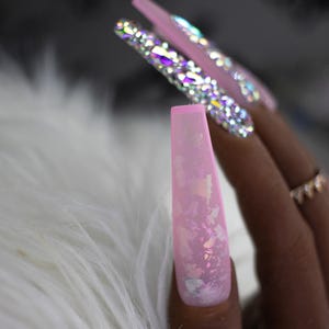 Shiny Long Pink Matte Nails With Charms, Full Cover Nail Tips, Custom ...