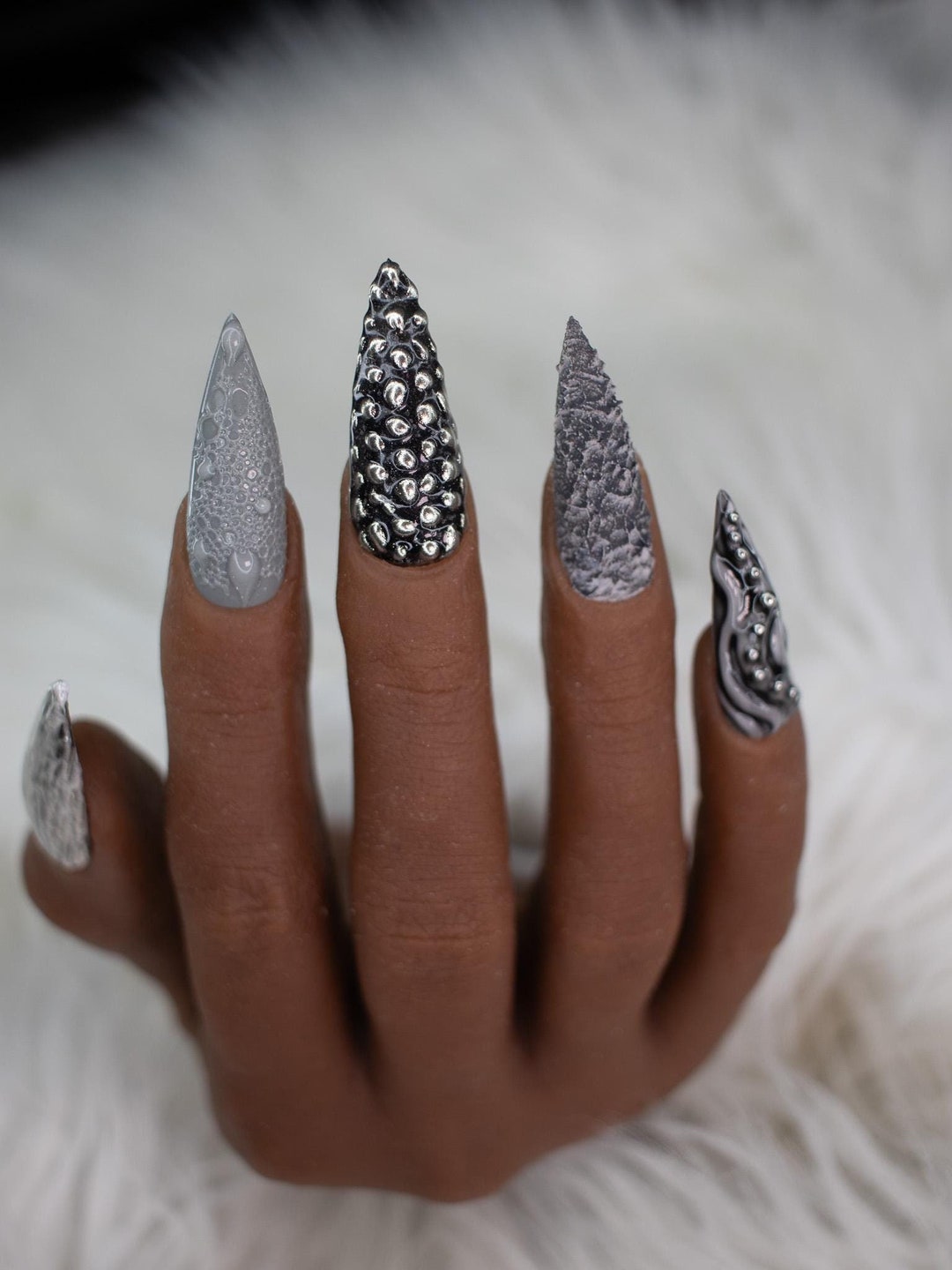 Texture 3d Gel Press on Nails, Emo French Tip Press on Nails, Goth ...