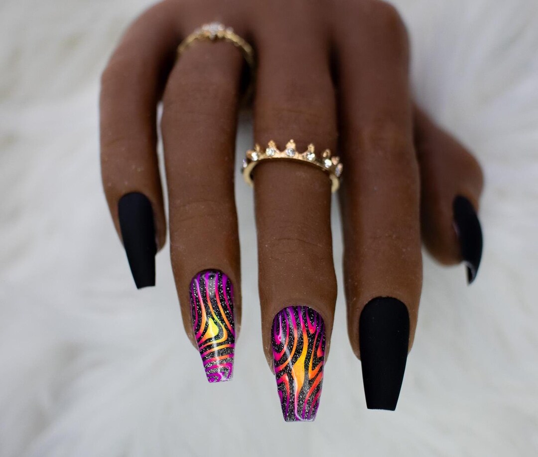 Black Matte Neon Press-on Nails With Vibrant Rainbow Neon Accents ...