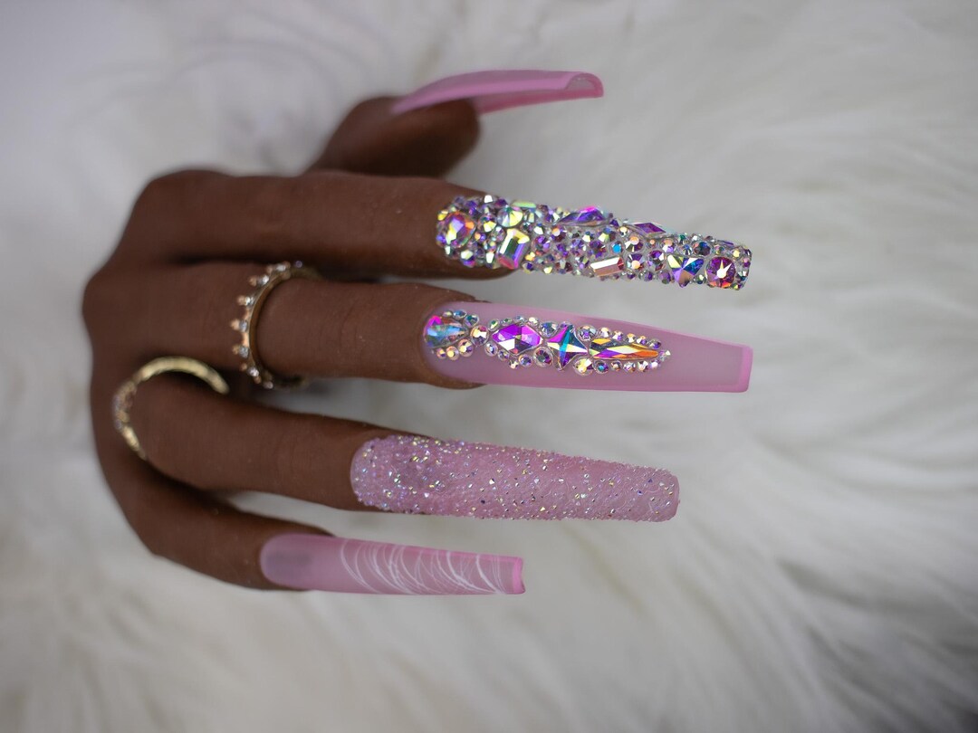Shiny Long Pink Matte Nails With Charms, Full Cover Nail Tips, Custom ...