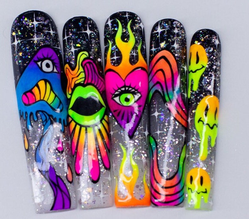 Neon Hippie Nails Hand Painted Long Nails Mushroom Nails Ombre Nails - Etsy