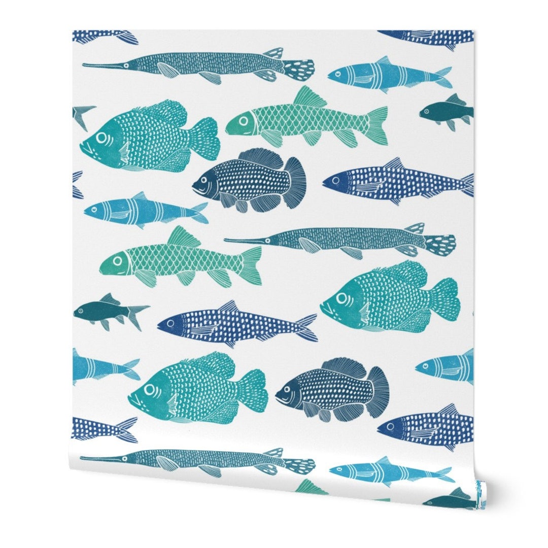 Block Print Fish, Blue, Green, Teal and White in Peel and Stick or ...