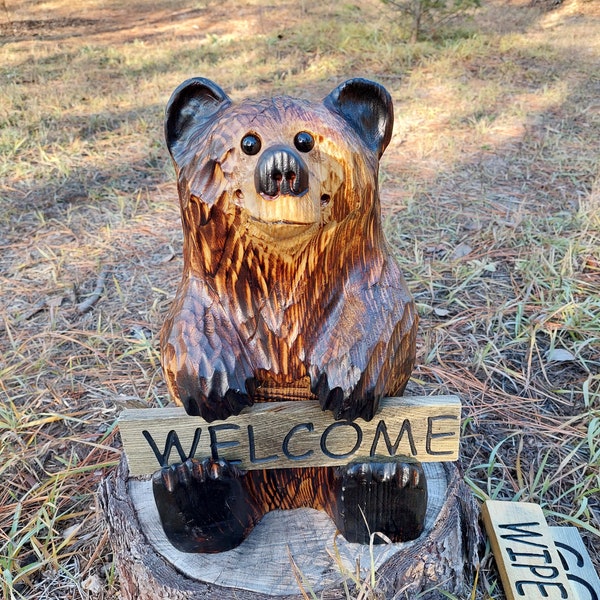 Carved Wooden Bear Welcome Sign - Etsy