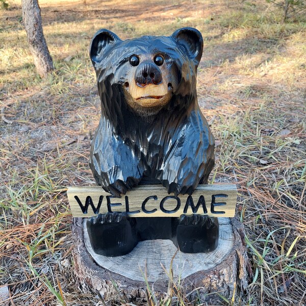 Carved Wooden Bear Welcome Sign - Etsy