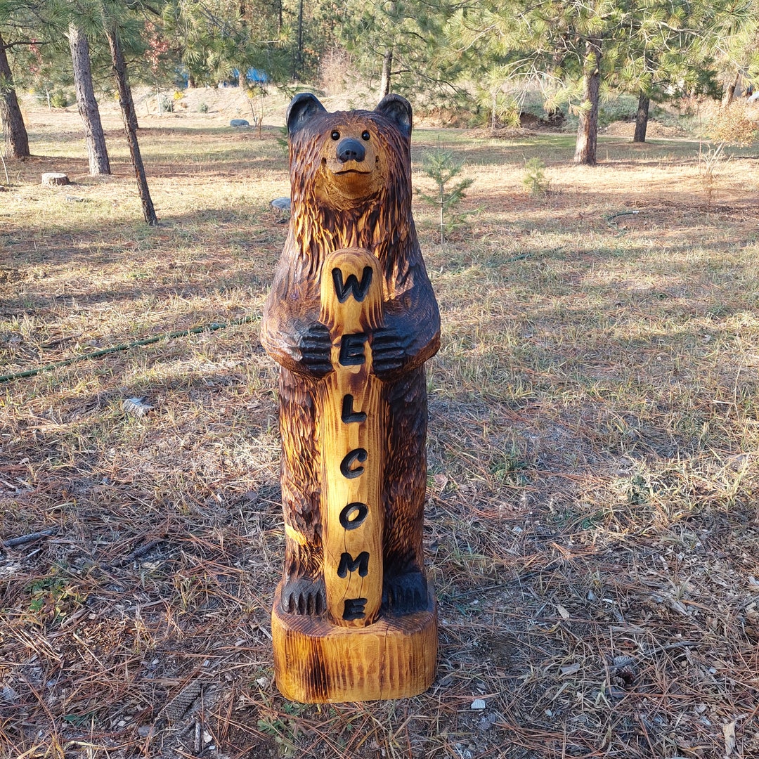 Hand-carved Wood Bear With Welcome Sign 48 Inches Perfect - Etsy