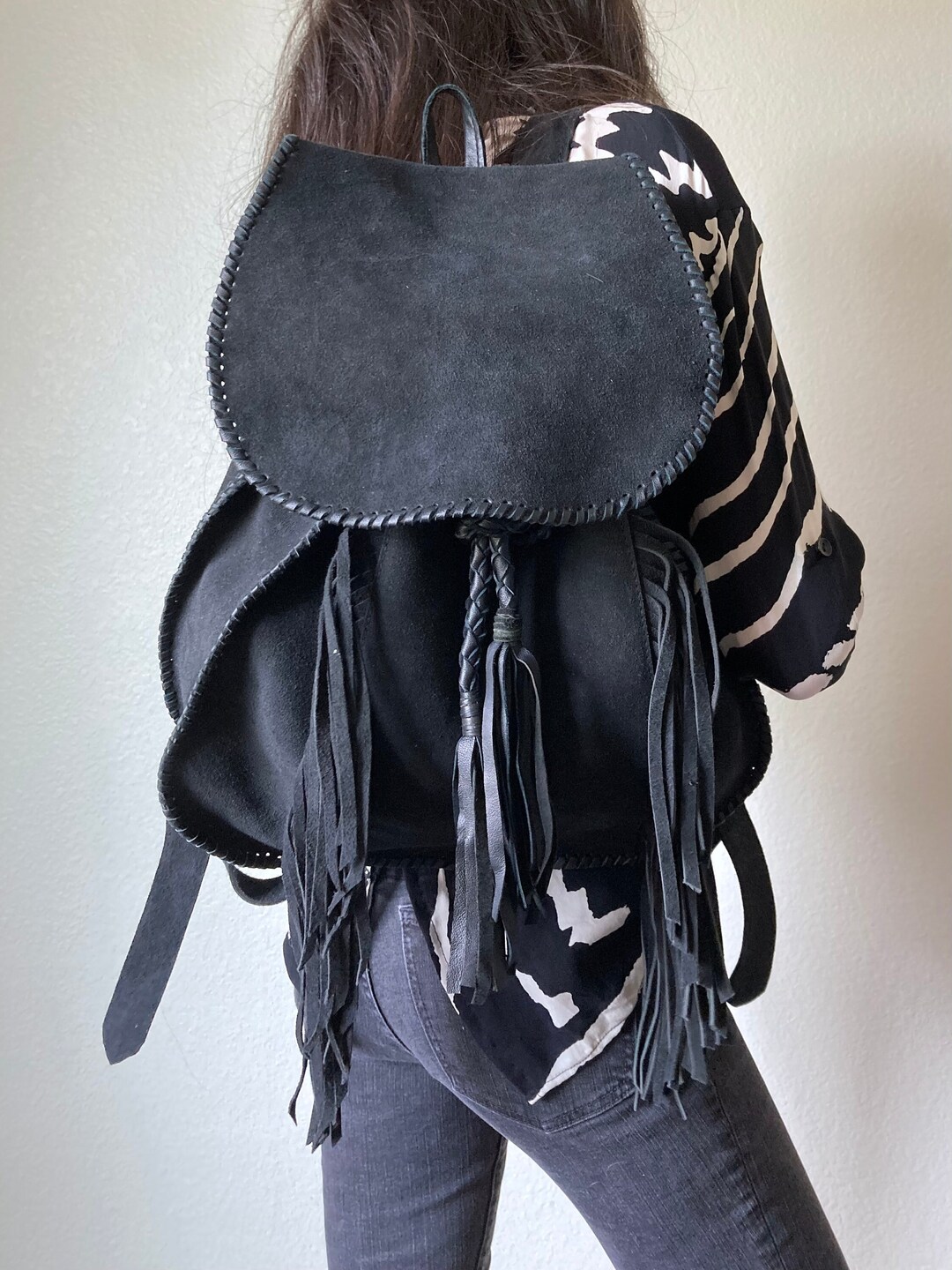 Suede Mini Backpack Purse, Small Backpack, Fringed Leather Bag, Black ...