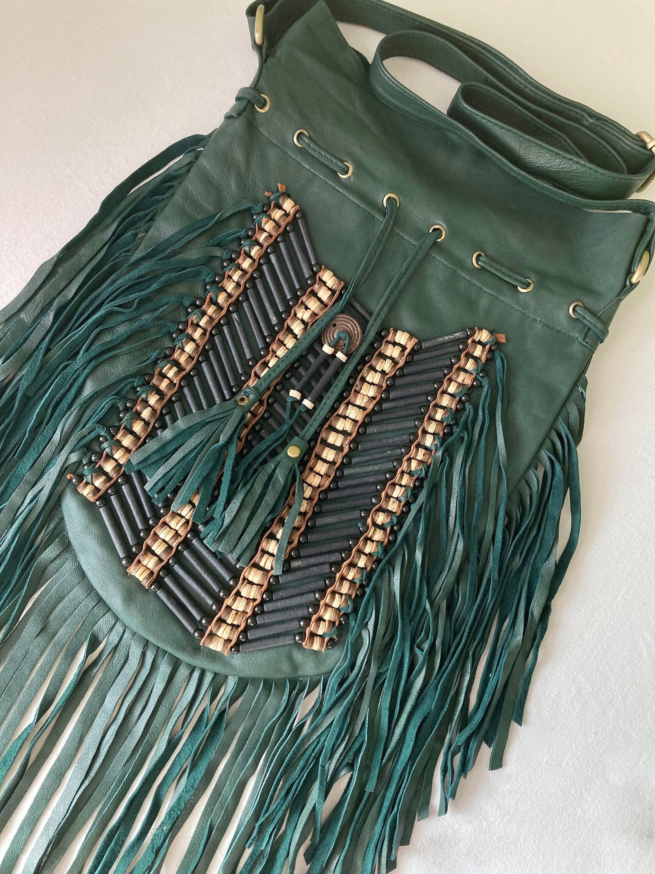 Large Green Leather Boho Gypsy Hippie Western Southwest Festival Bone ...