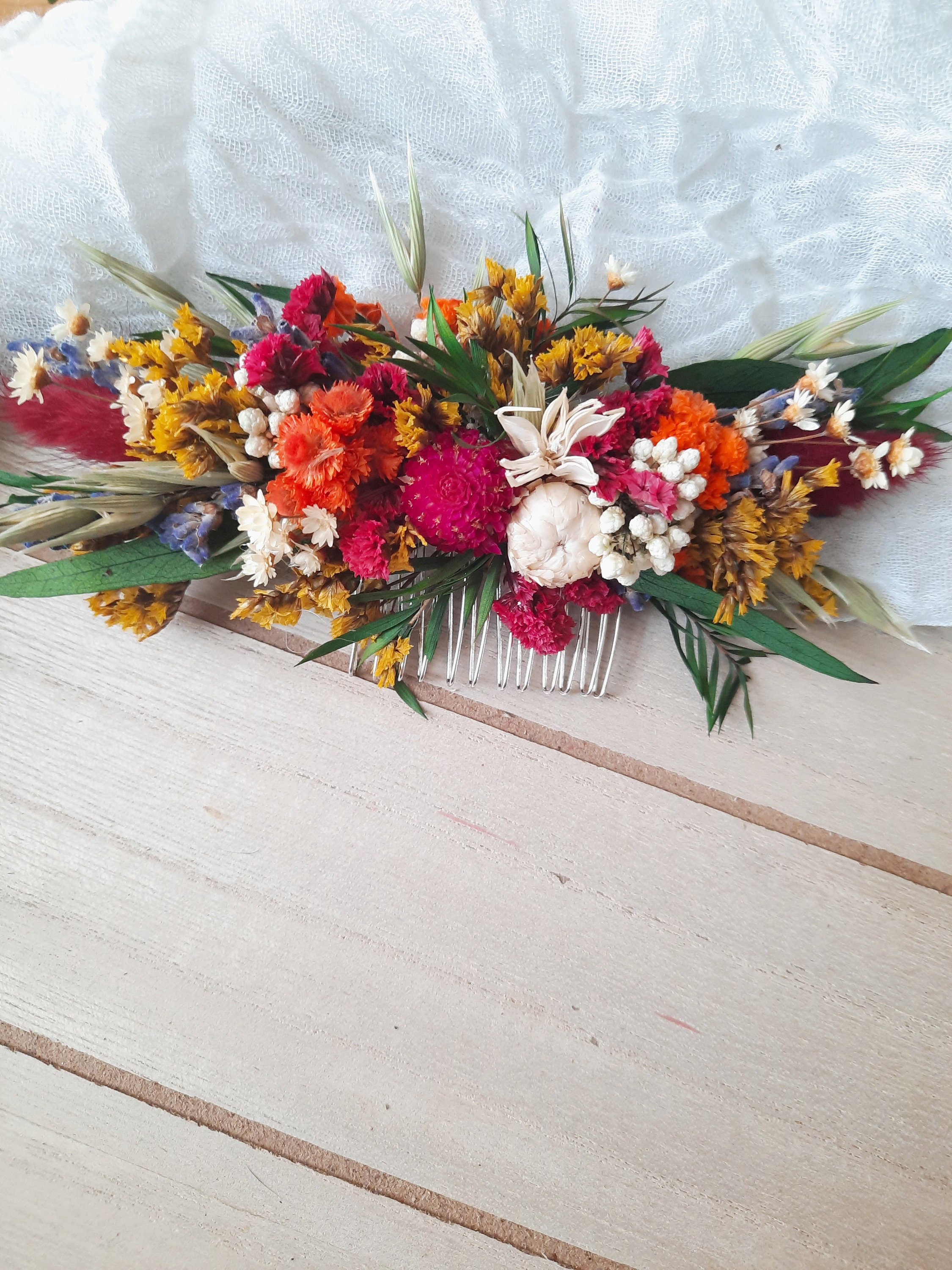 Colorful Flower Hair Comb in Burgundy Orange and Yellow. Wedding Hair ...