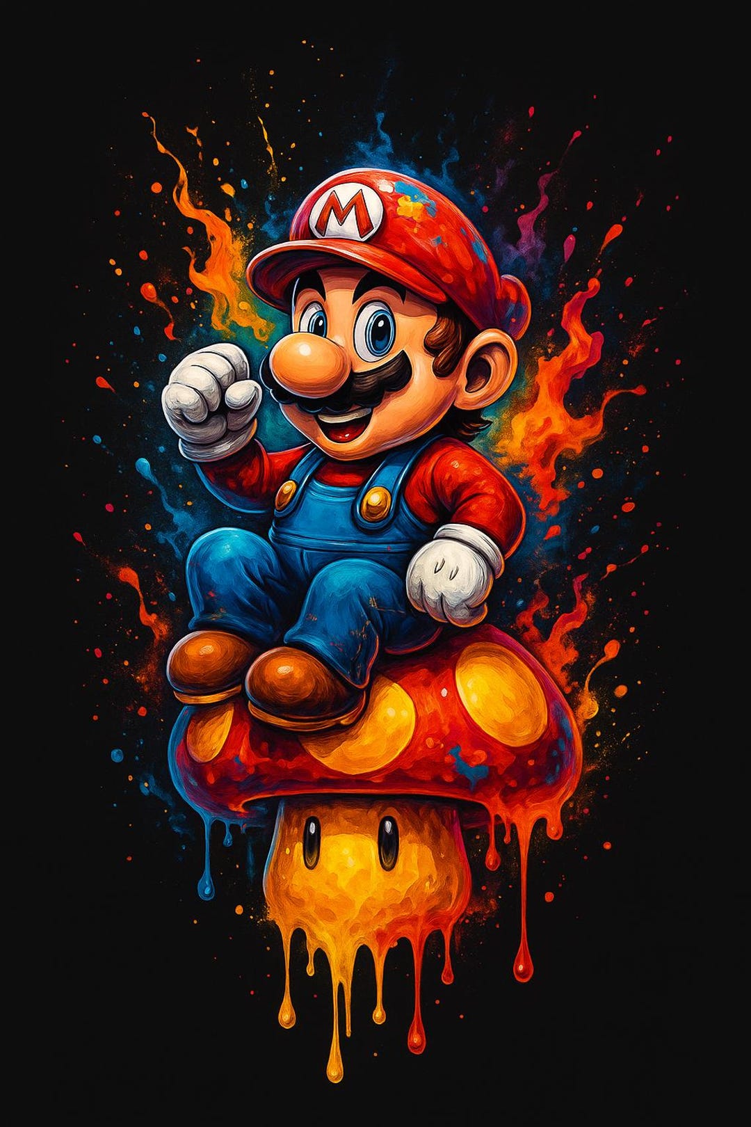 Mario Sitting on Mushroom – Dripping Paint Art Print, Vibrant Gaming ...