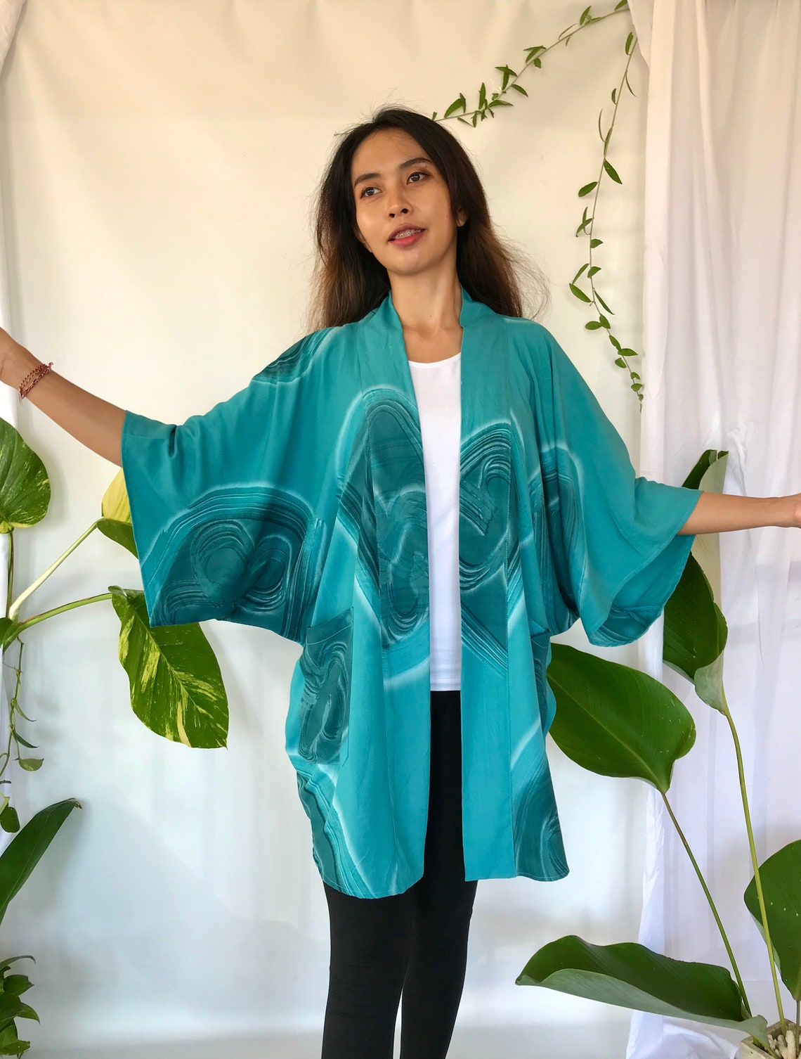 Turquoise Open Jacket Bali Batik Women Kimono Cardigan 2 - Etsy