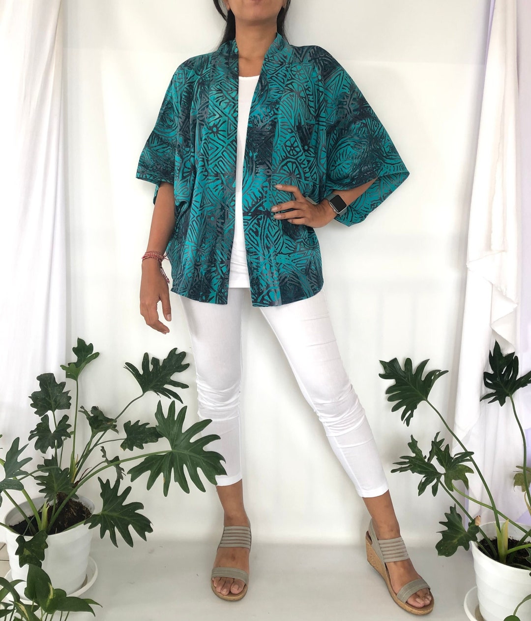 Turquoise Teal Outer Jacket Rayon Batik, Plus Size Cardigan Casual ...