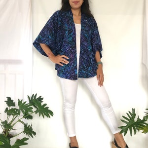 Blue Black Batik Rayon Jacket, Women Kimono Cardigan Bali, Casual ...