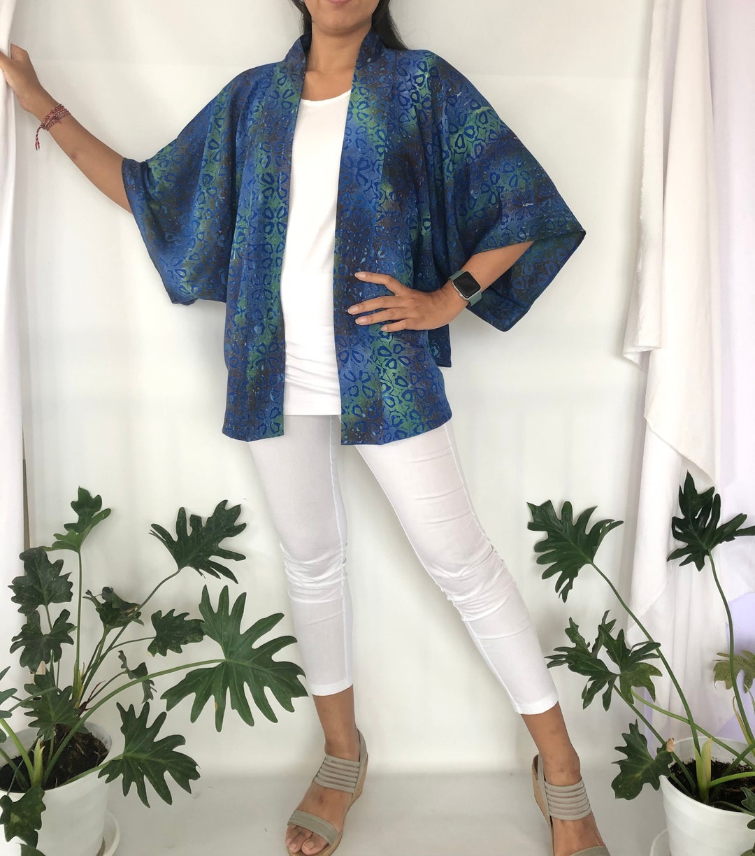 Blue Green Outer Jacket Rayon Batik, Plus Size Cardigan, Casual Blazer ...