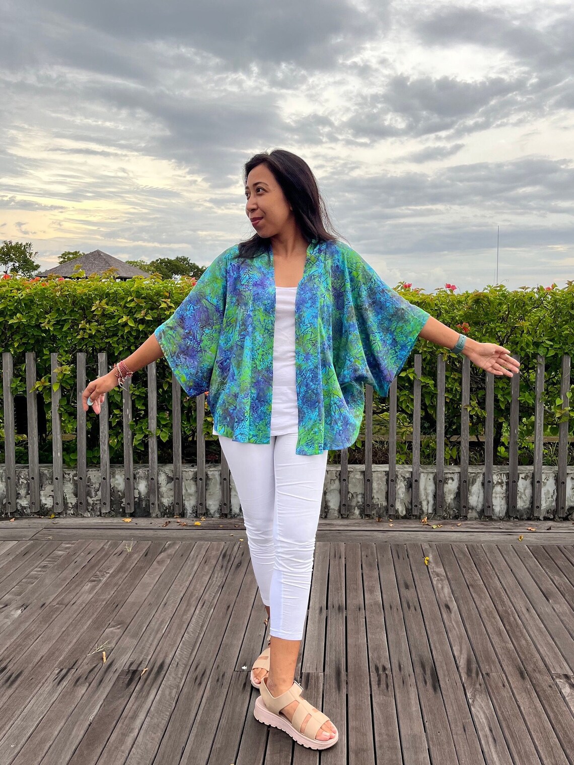 Kimono Outer Jacket in Rayon Batik, Plus Size Cardigan, Casual Blazer ...