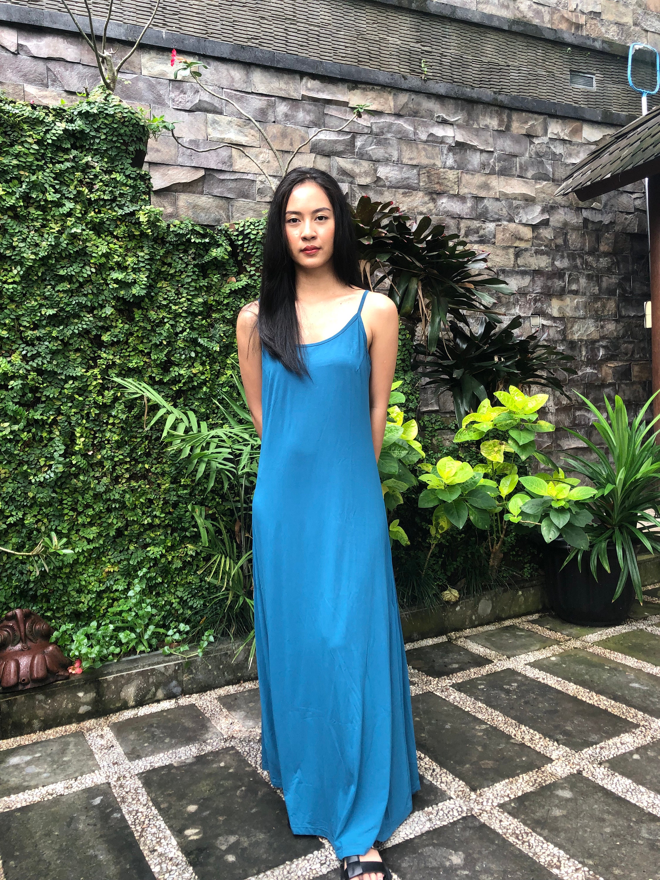 Pacific Teal Blue Maxi Dress, Simple & Elegant Comfy Tank Maxi Dress ...