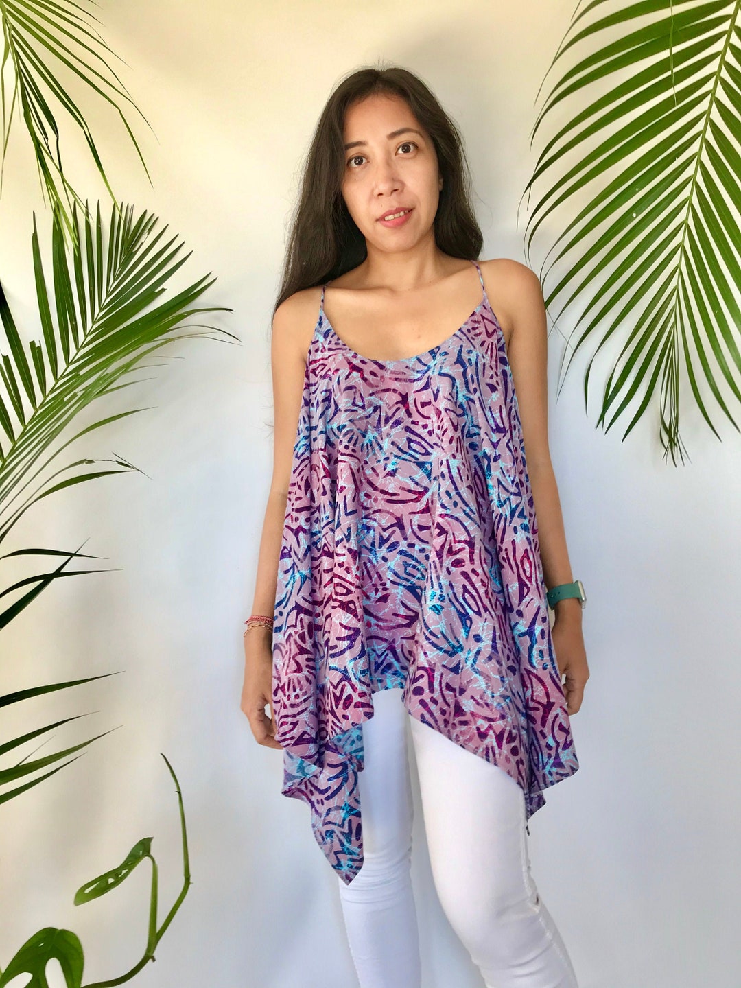 Blue Pink Spaghetti Strap Tank Top, Asymmetrical Loose Fit Blouse ...