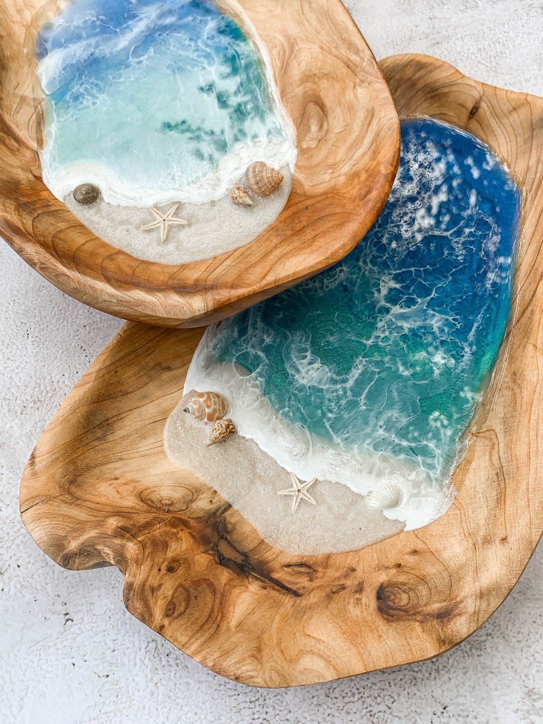 12x8" Carved Wood Resin Bowl, Ocean Art Bowl, Beach Art, Rings and ...
