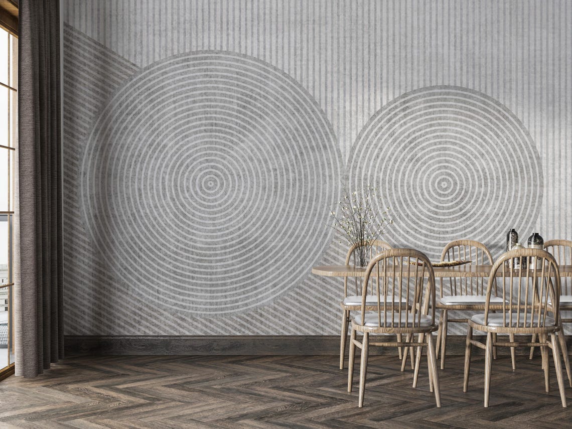 Modern Abstract Line Art Wall Mural, Neutral Gray Geometric Circles on ...