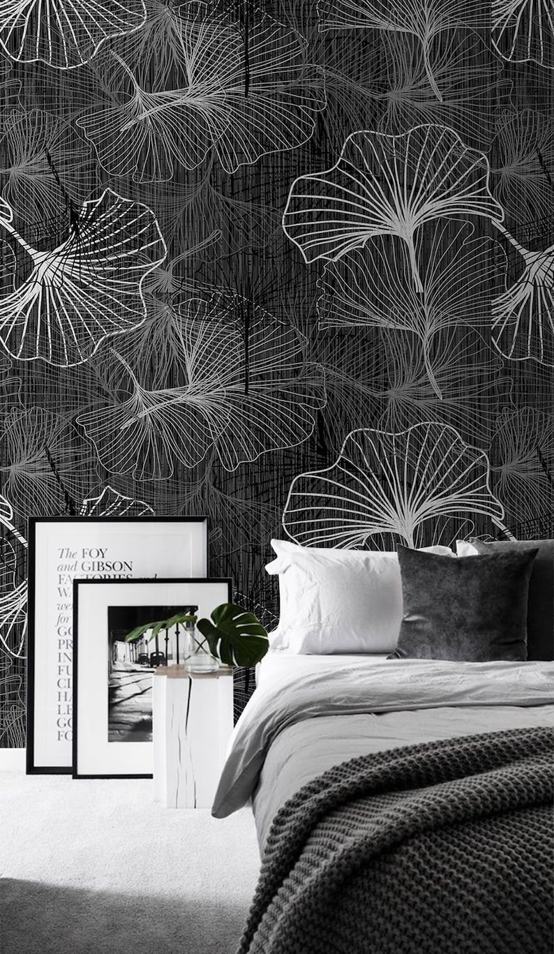 Black White Gray Gingko Leaf Wallpaper Pattern Wall Mural - Etsy