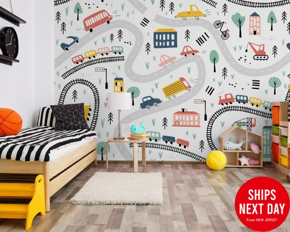 Cartoon Cars Trains and Road Wallpaper Pattern Wall Mural - Etsy