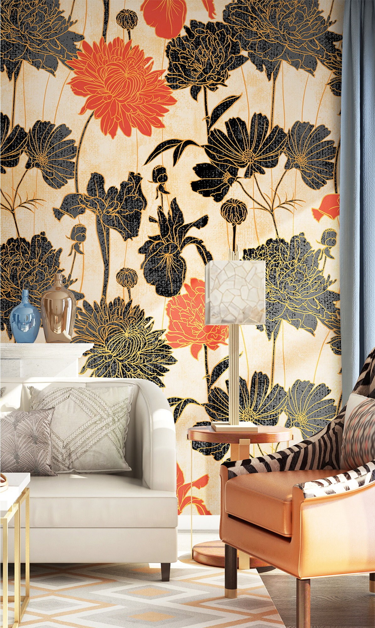 Floral Pattern Wallpaper | Modern Flowers Wall Mural (peel & Stick) - Etsy