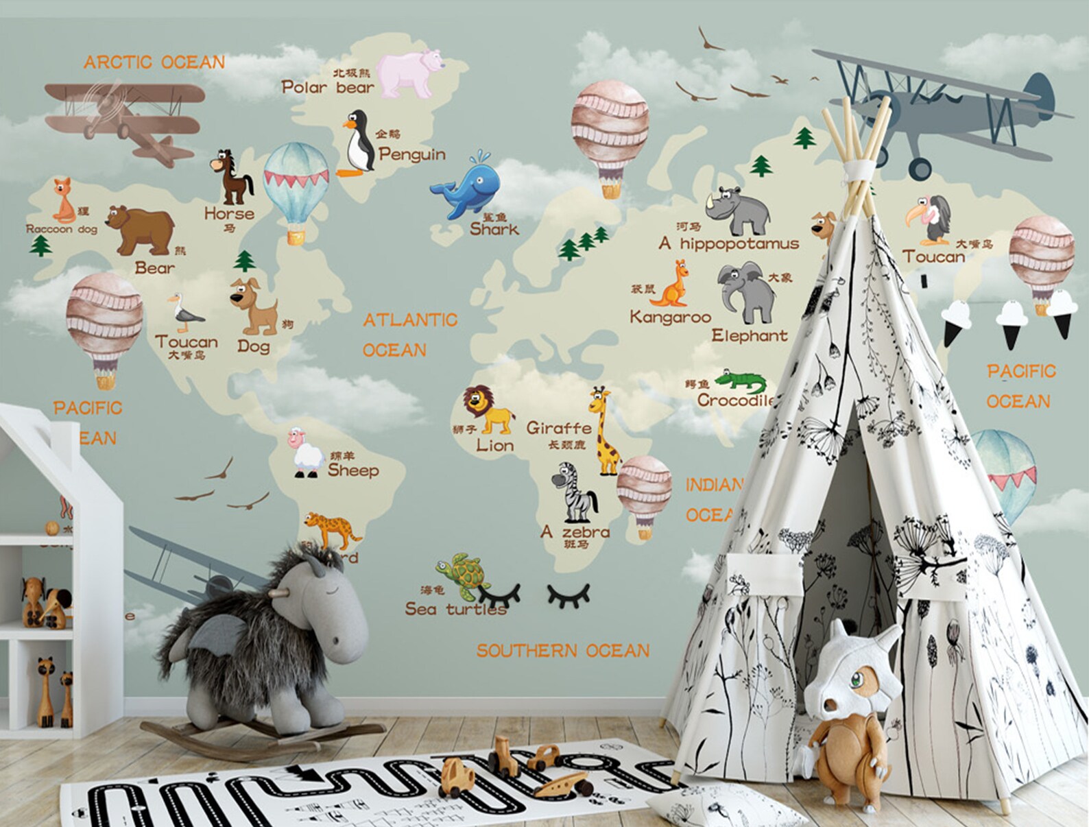ANIMAL World Map for Children Animal Learning Nursery Kids Wallpaper ...