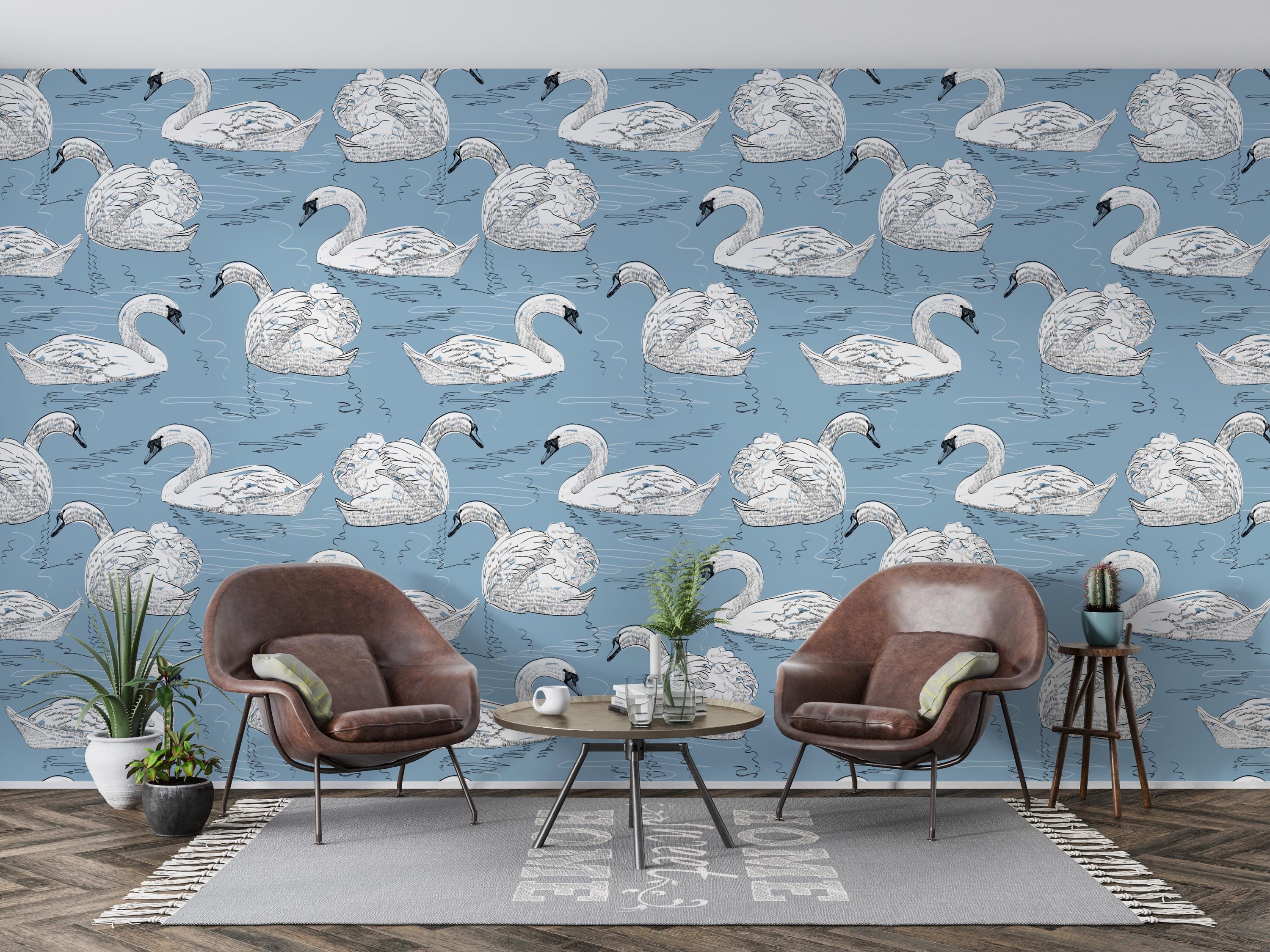 Illustrated Swan Wallpaper for Walls | Blue Lake-themed Wall Mural With ...