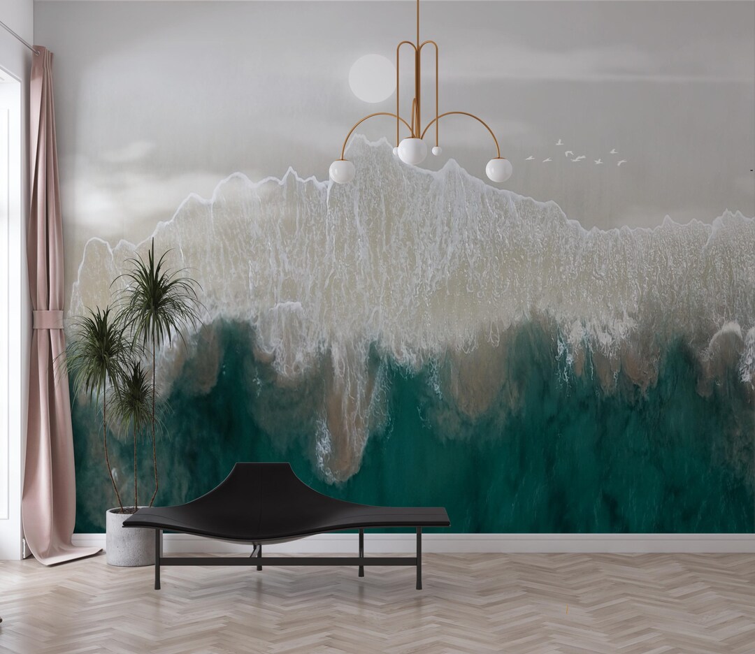 Abstract Aerial Beach Wall Mural, Ocean Waves Crashing on Shore ...