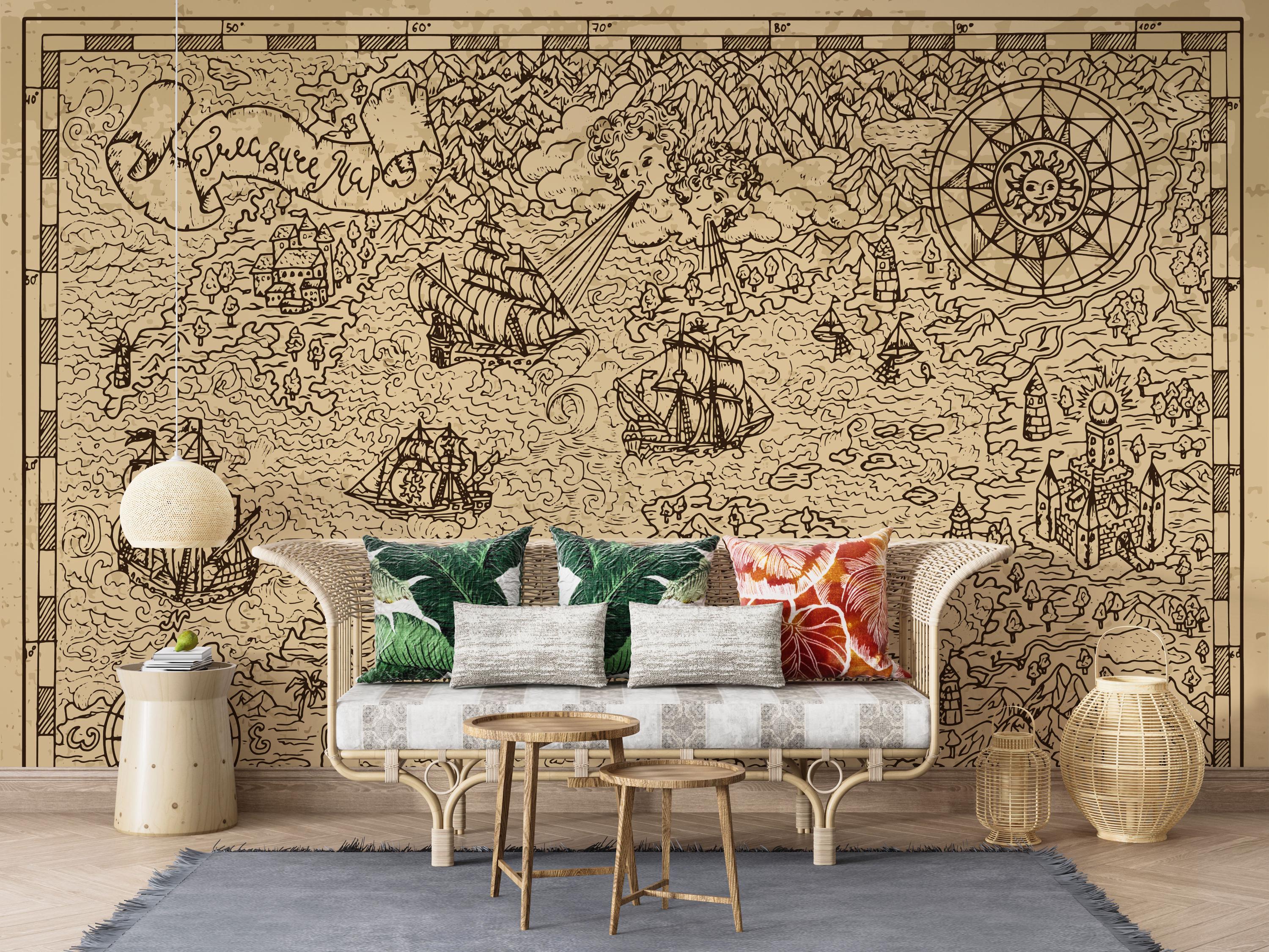 Vintage Treasure Map Wall Mural – Sea Monsters, Pirate Ships, and ...