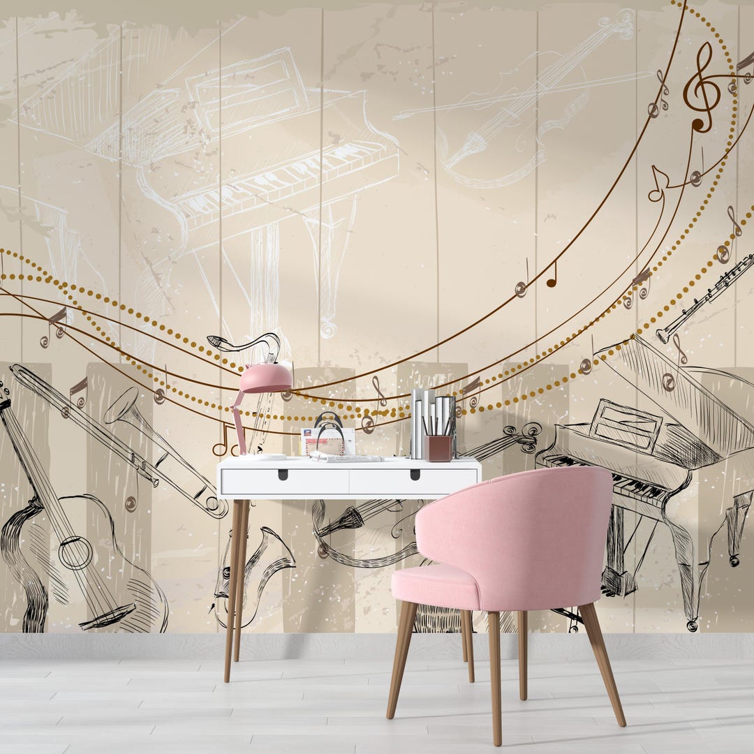 Hand-drawn Instrument Wallpaper | Neutral Music Room Wall Mural - Etsy