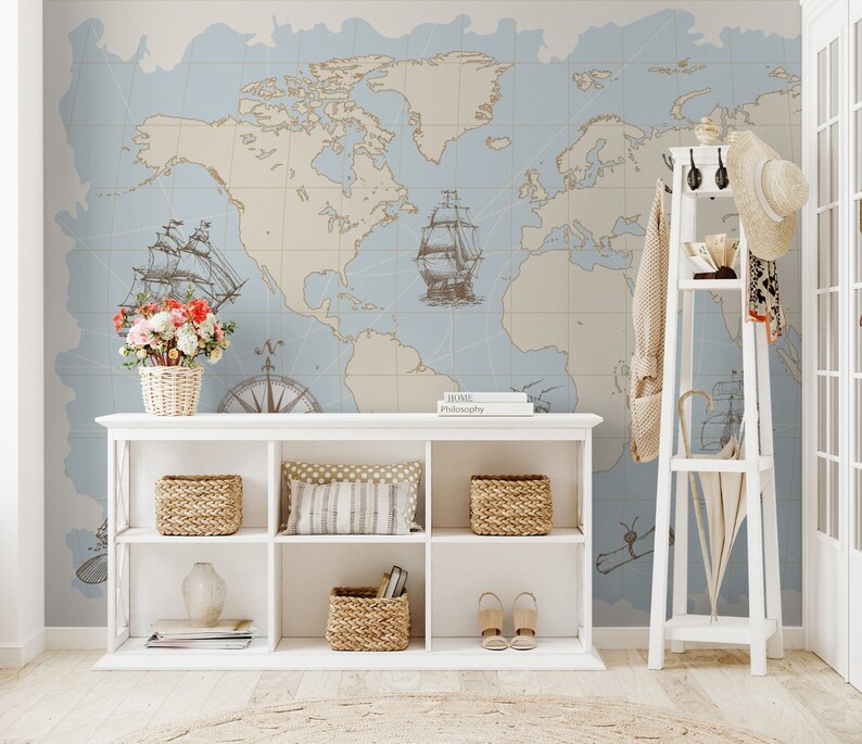 Hand Drawn World Map With Compass Anchor Sailing Boat | Etsy