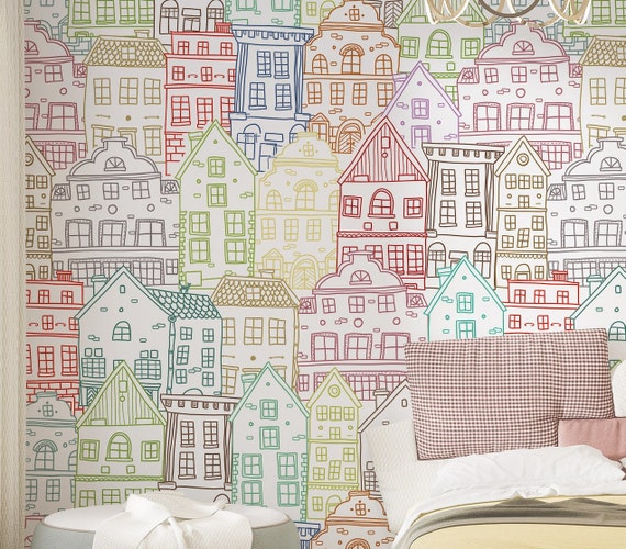 Cute Colorful Line Houses Pattern Children's Room - Etsy