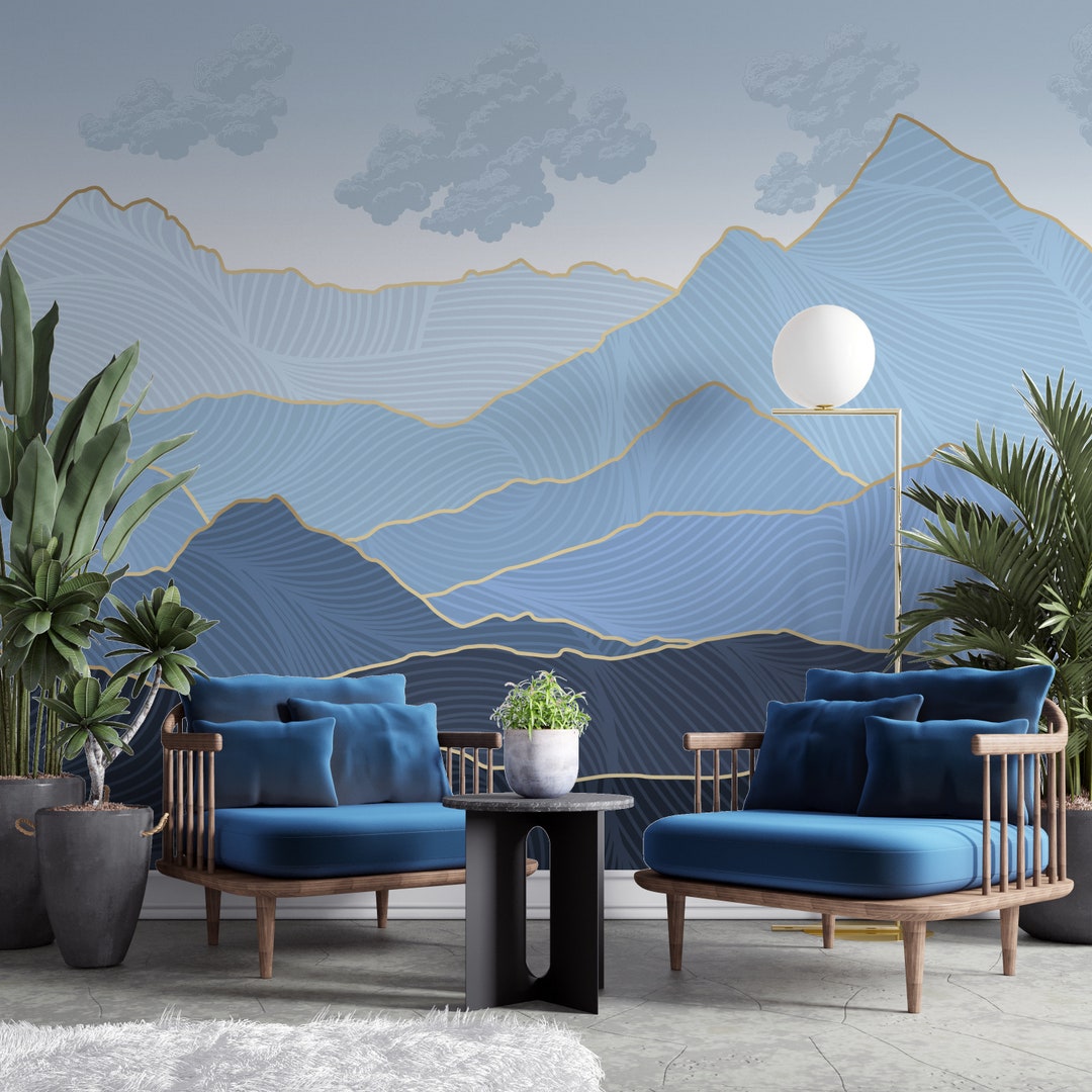Abstract Blue and Gold Line Art Mountain Wallpaper Peel and Stick Self ...