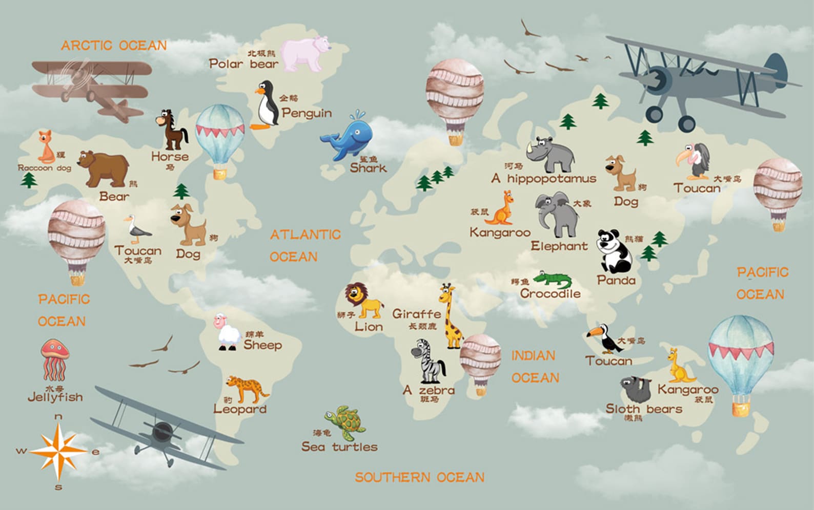 ANIMAL World Map for Children Animal Learning Nursery Kids Wallpaper ...