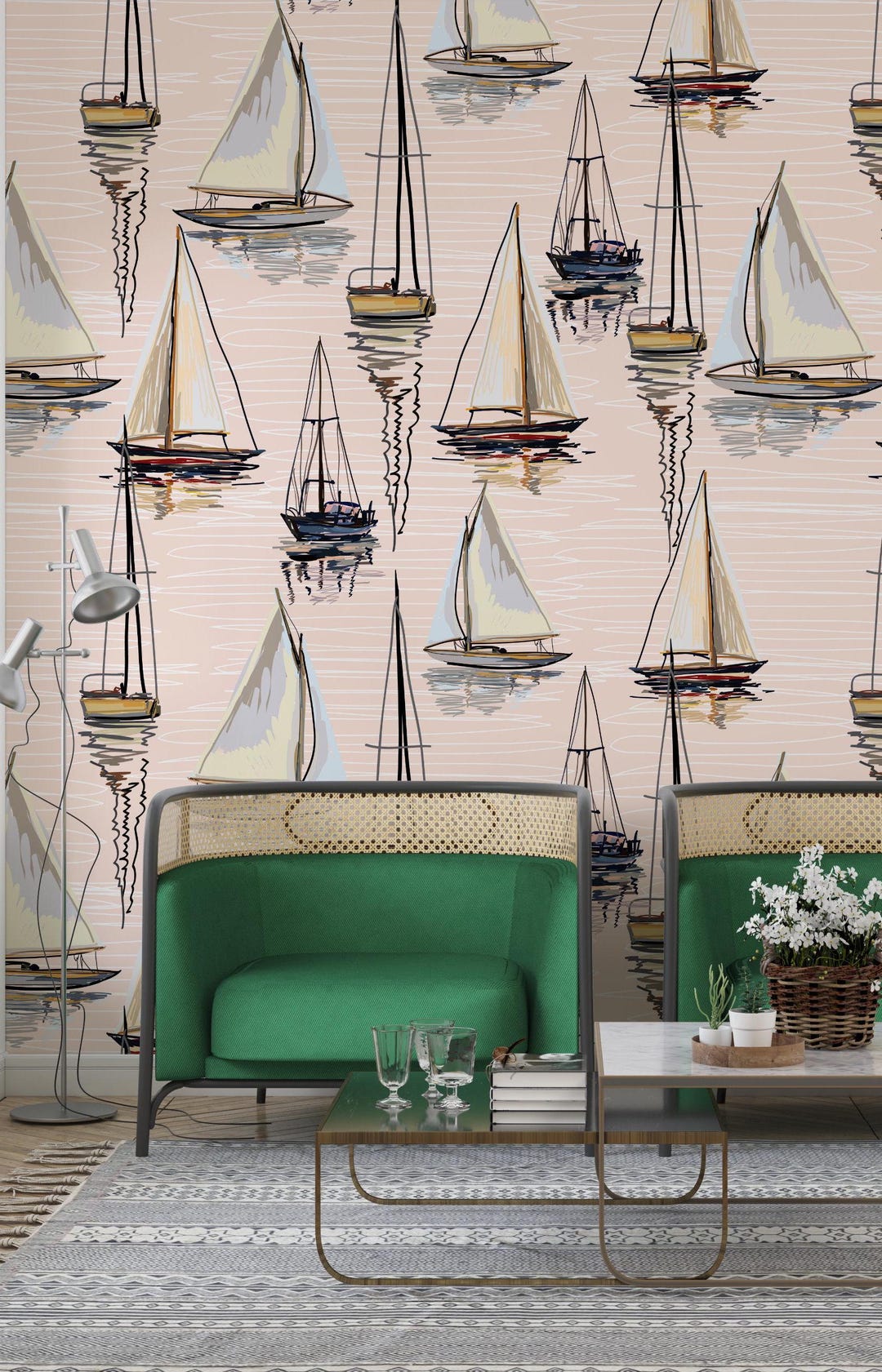 Nautical Sailboat Wall Mural, Hand-drawn Boat Pattern, Coastal Home ...