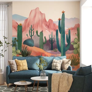 Colorful Desert Landscape Wall Mural – Tranquil Cactus Art for Nature ...