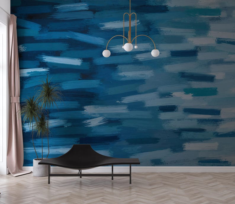 Painterly Abstract Blue Wall Mural – Dynamic Brushstroke Pattern ...