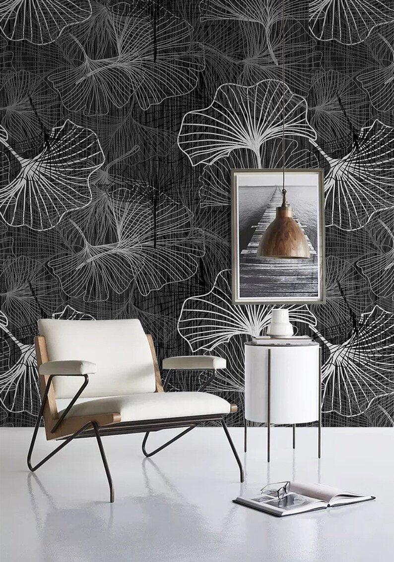 Black White Gray Gingko Leaf Wallpaper Pattern Wall Mural - Etsy
