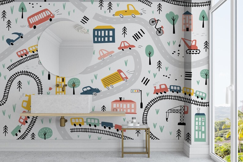 Cartoon Cars Trains and Road Wallpaper Pattern Wall Mural - Etsy