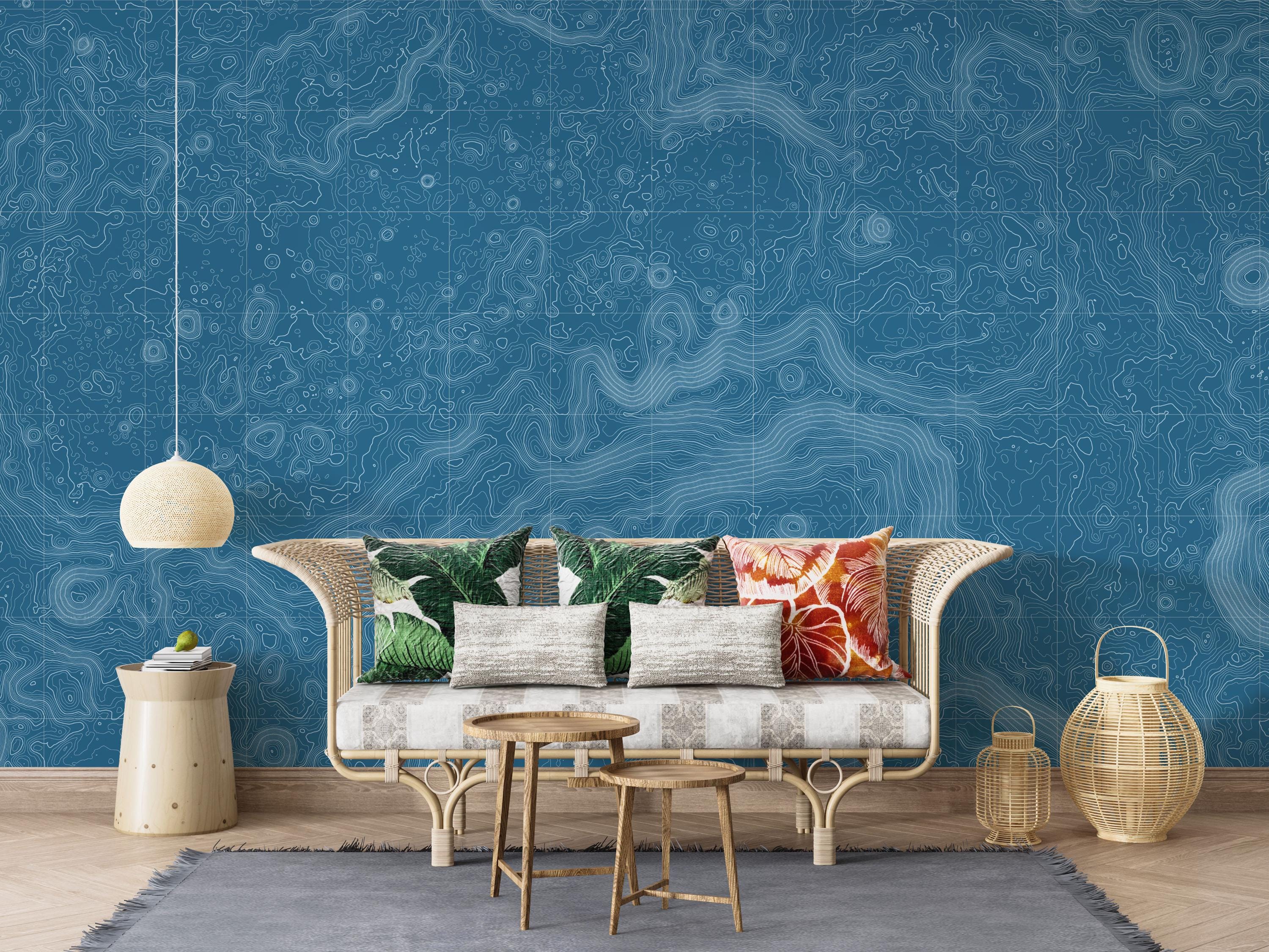 Moon Terrain Wall Mural – Blue Line Art Topography of Lunar Surface for ...