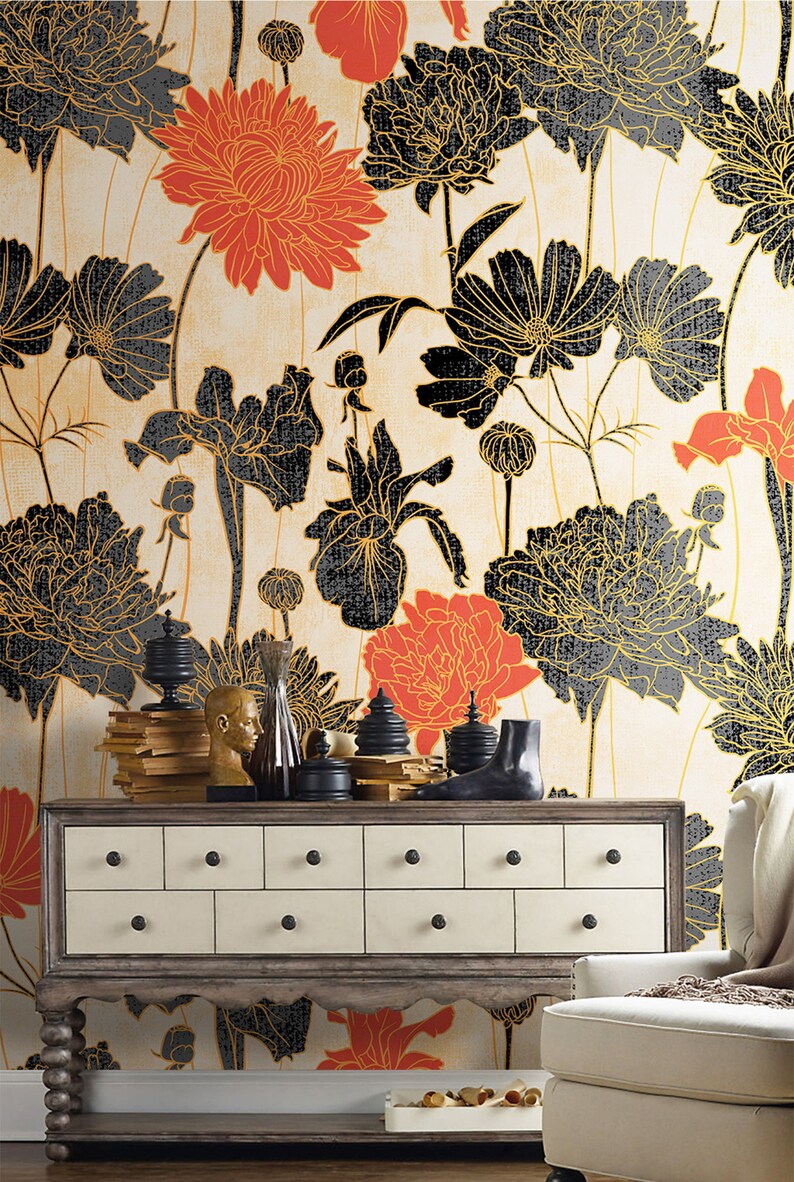 Floral Pattern Wallpaper | Modern Flowers Wall Mural (peel & Stick) - Etsy