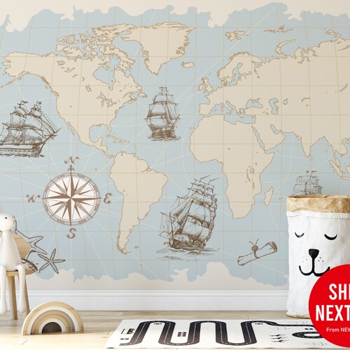 Hand Drawn World Map With Compass Anchor Sailing Boat | Etsy