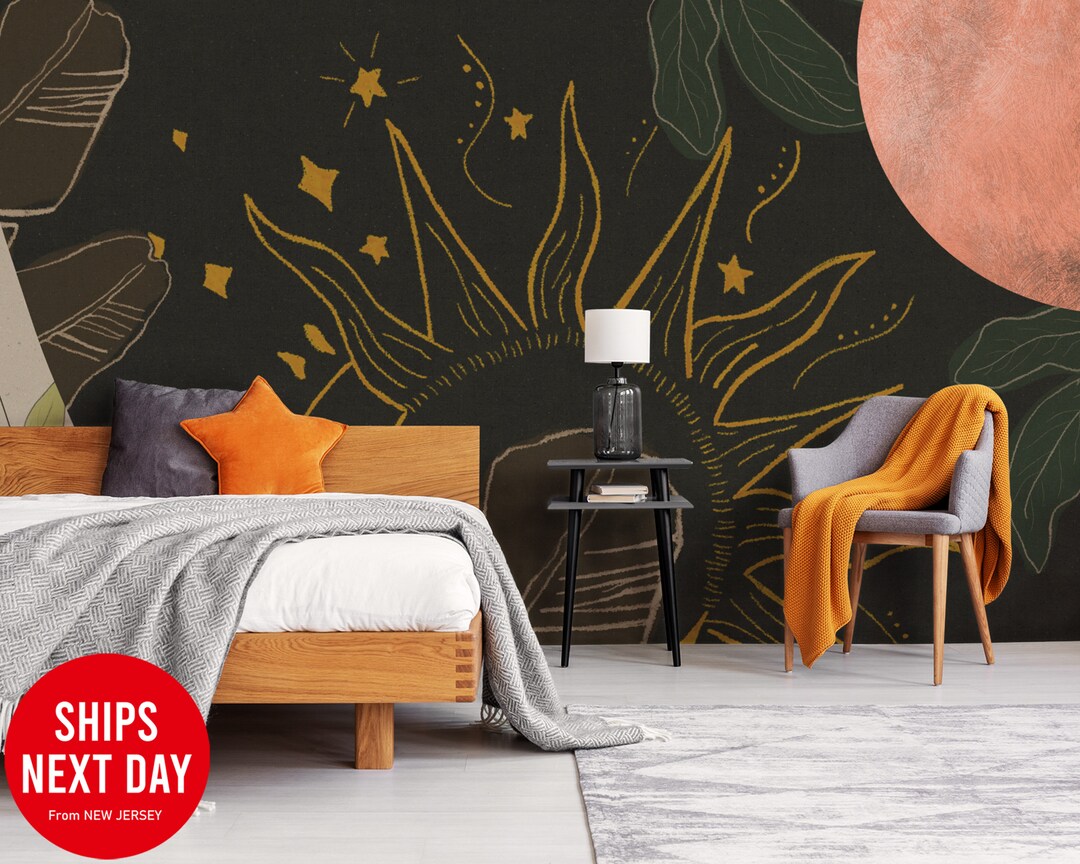 Hand-drawn Plants Sun Wallpaper Pattern Wall Mural Peel and Stick Self ...