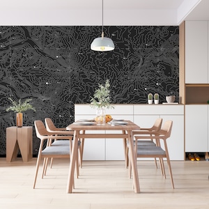 Dark Topographic Map Wallpaper | Pattern Wall Mural | Self Adhesive or ...